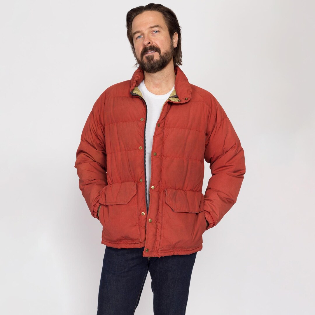 Medium 70s Rust Red Down Fill Puffer Winter Coat | Vintage Men's Zip up ...
