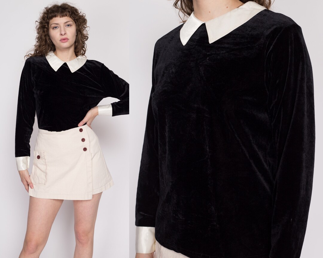 Large 80s Wednesday Addams Velvet & Satin Top | Vintage Black White ...