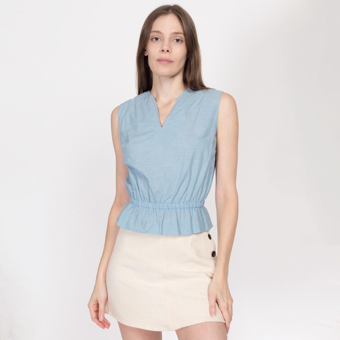 Medium 1950s Blue Button Back Sleeveless Top | Vintage 50s Fitted Waist ...