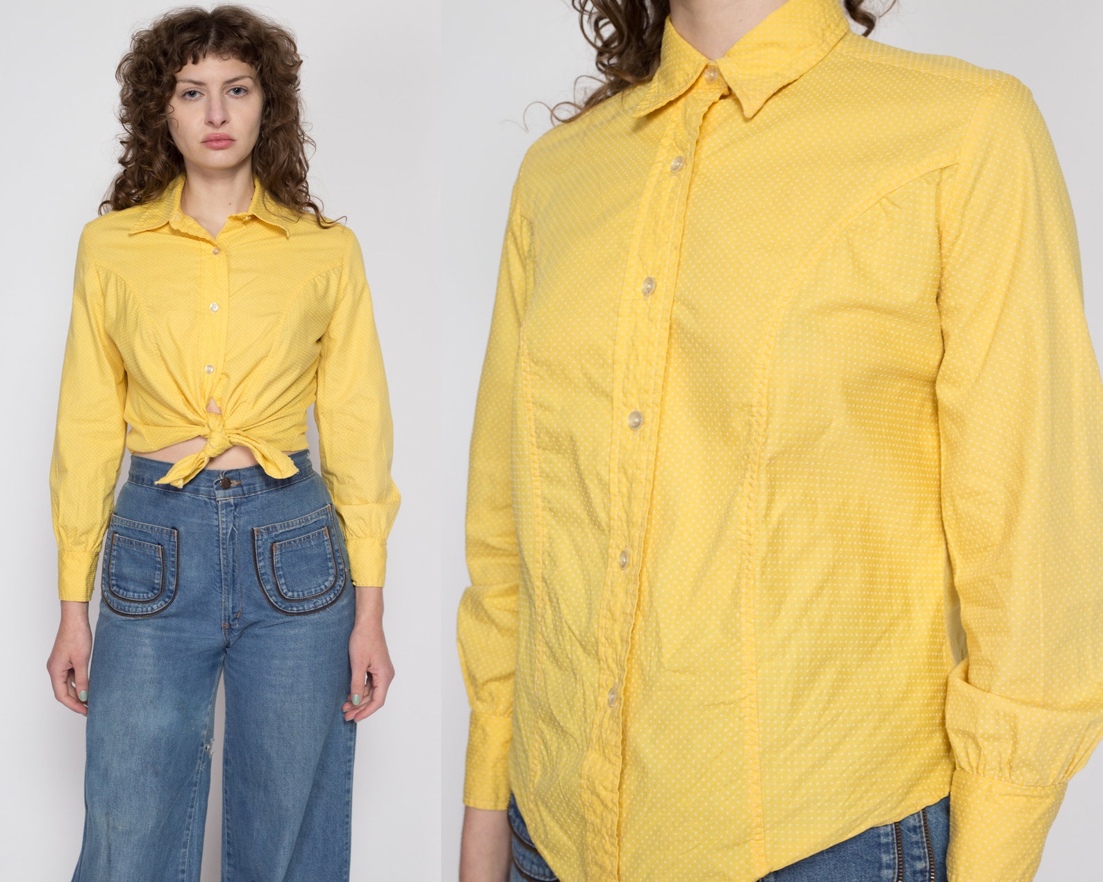 Medium 70s Yellow Swiss Dot Top Petite | Retro Vintage Button up Polka ...
