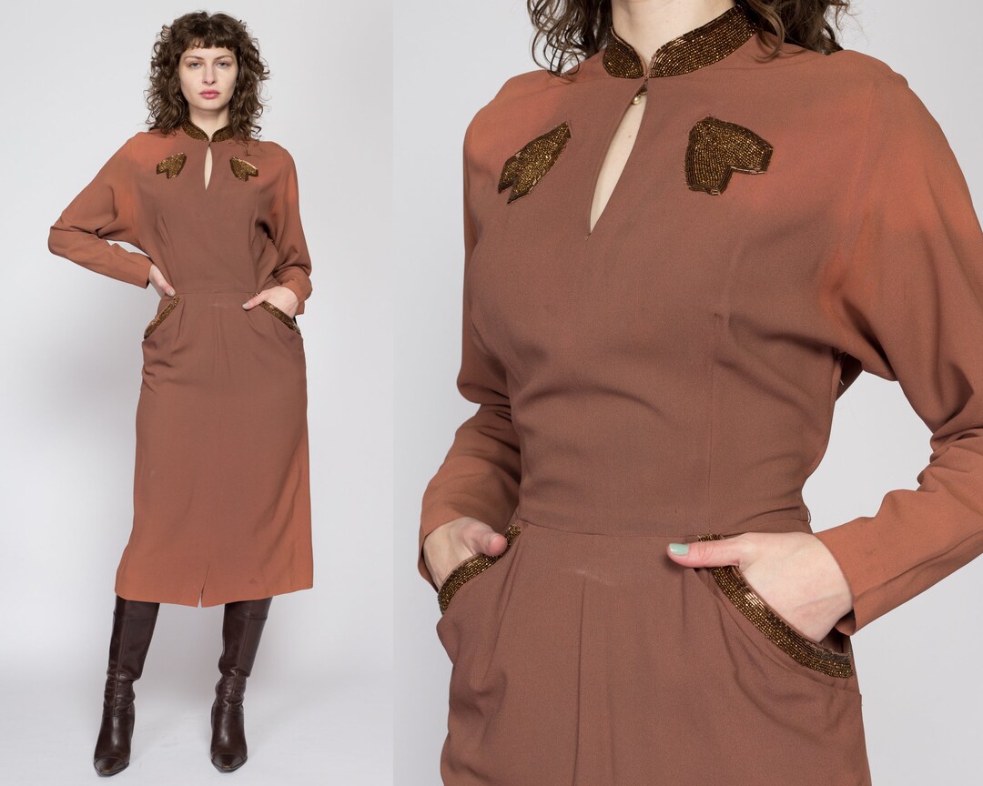 Medium 1940s Terra Cotta Beaded Heart Dress Vintage 40s Long Dolman Sleeve Keyhole Pocket Midi ...