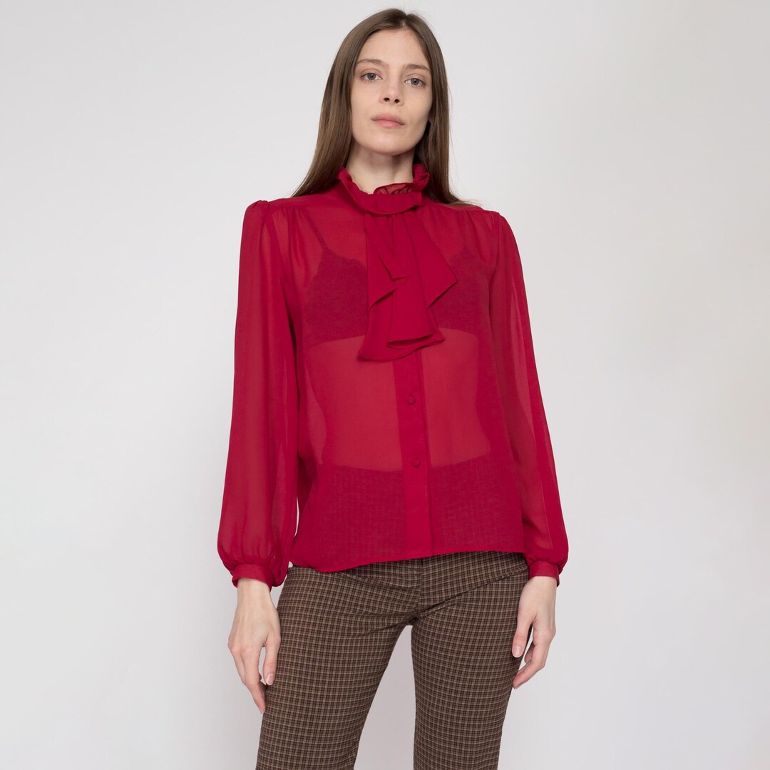 Medium 70s Sheer Raspberry Red Jabot Ruffle Blouse | Vintage Victorian ...