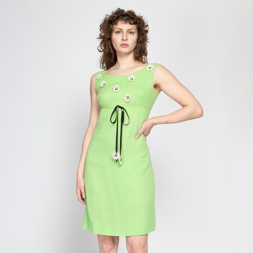 Small 60s Jody California Daisy Mini Dress | Vintage Bright Green ...