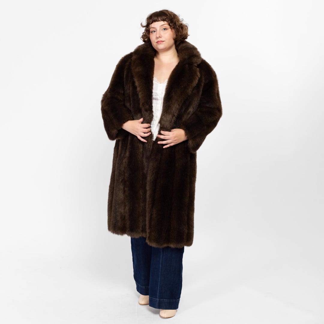Med-lrg 80s Brown Faux Fur Glam Coat | Vintage Old Hollywood Vegan Long ...