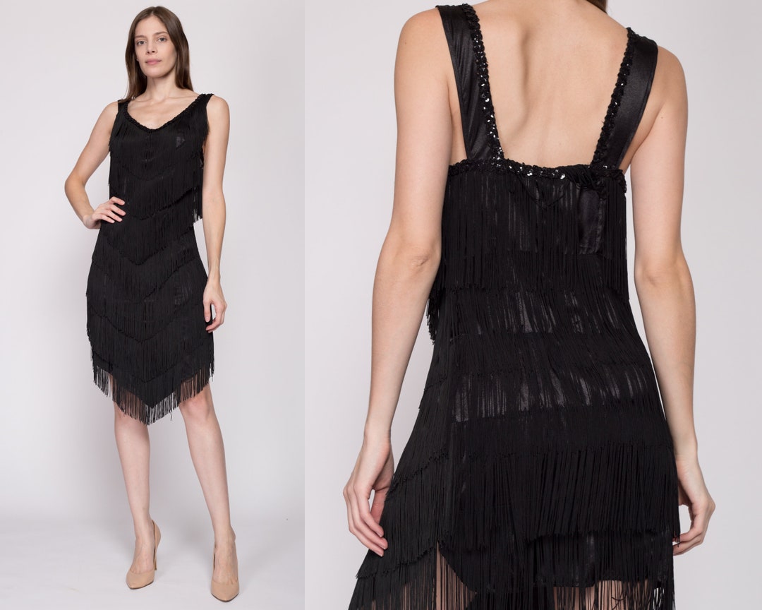 Small 90s Black Fringe Flapper Party Dress Vintage 1920s Gatsby Costume ...