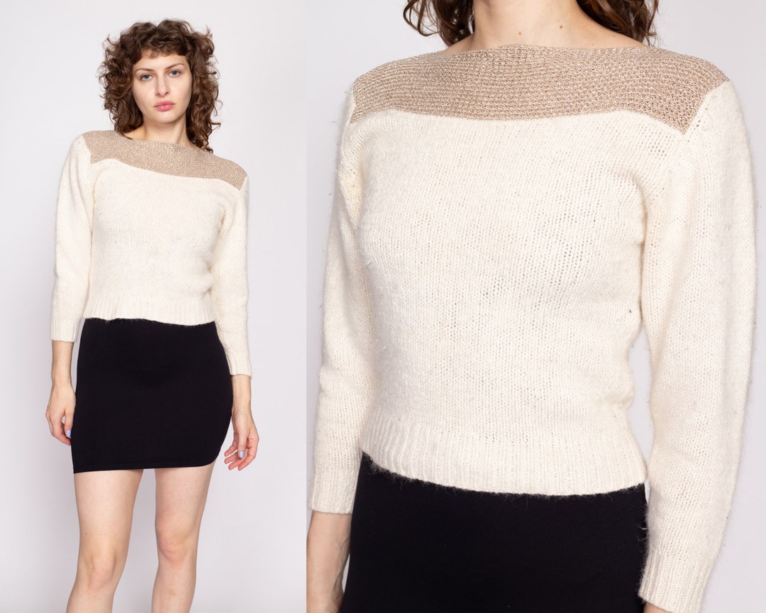 80s Cream & Gold Metallic Knit Sweater Small to Medium Vintage Silk Angora Long Sleeve Cropped ...