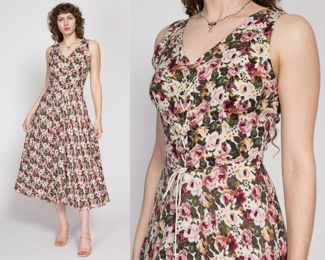 Medium 90s Rose Floral Corset Lace up Midi Dress | Vintage Sleeveless ...