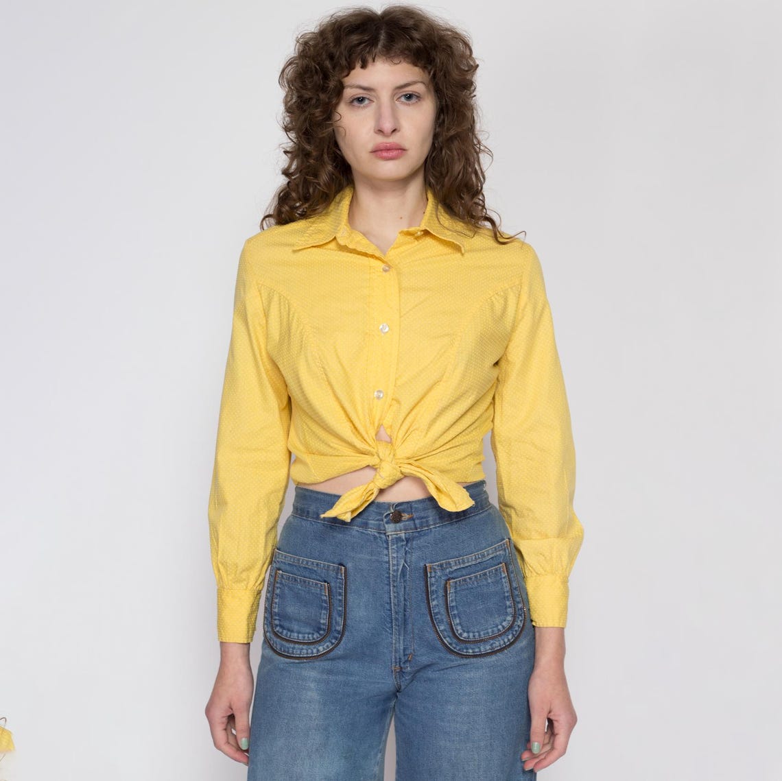 Medium 70s Yellow Swiss Dot Top Petite | Retro Vintage Button up Polka ...