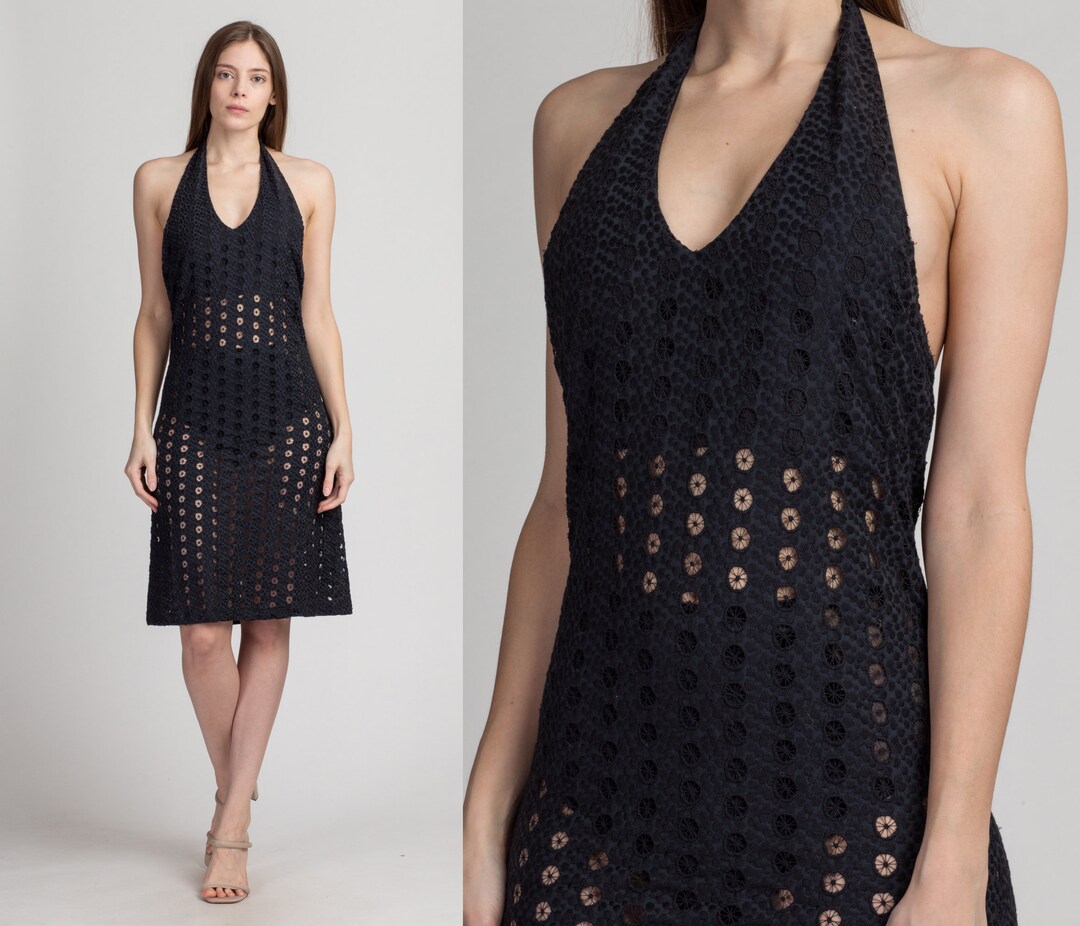 Vintage Black Eyelet Sundress Extra Small Sheer Halter Neck - Etsy