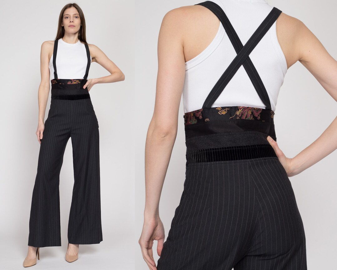 Small Y2K Desigual Flared Pinstripe Suspender Jumpsuit | Vintage Dark ...