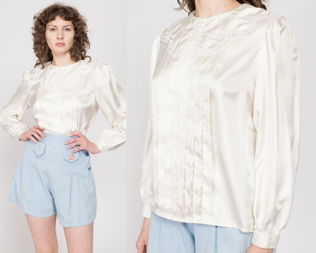 Large 80s Ivory Satin Petal Collar Blouse | Vintage Pleated Long Sleeve ...