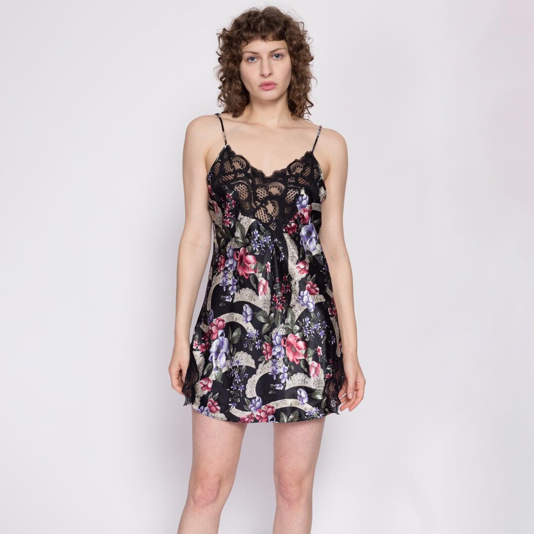 90s Victoria's Secret Black Floral & Lace Slip Dress Large Vintage Low ...