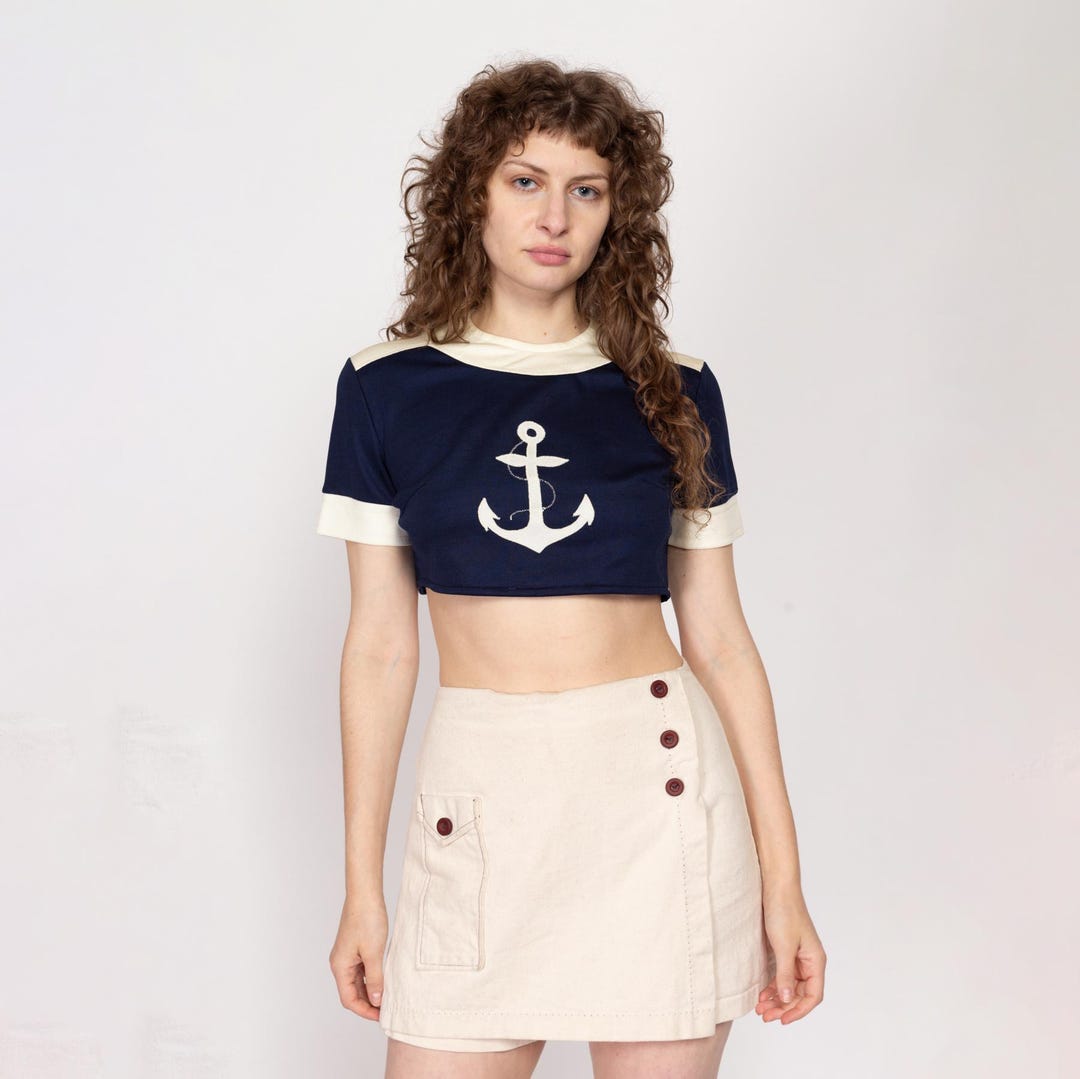 Med-lrg 70s Nautical Anchor Applique Crop Top | Vintage Navy Blue White ...