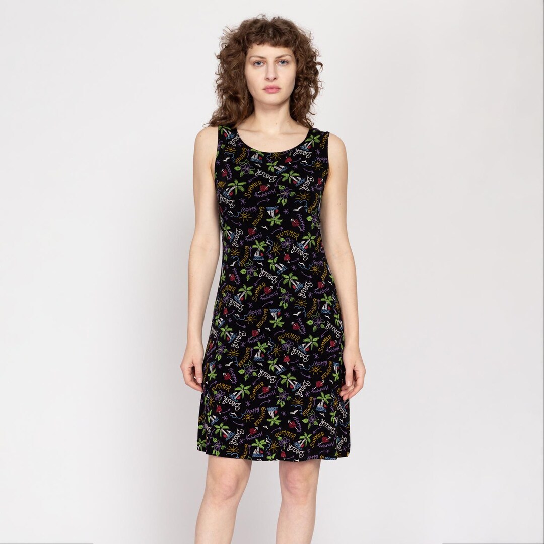 90s Beach Vacation Print Mini Tank Dress - Medium | Vintage Black ...