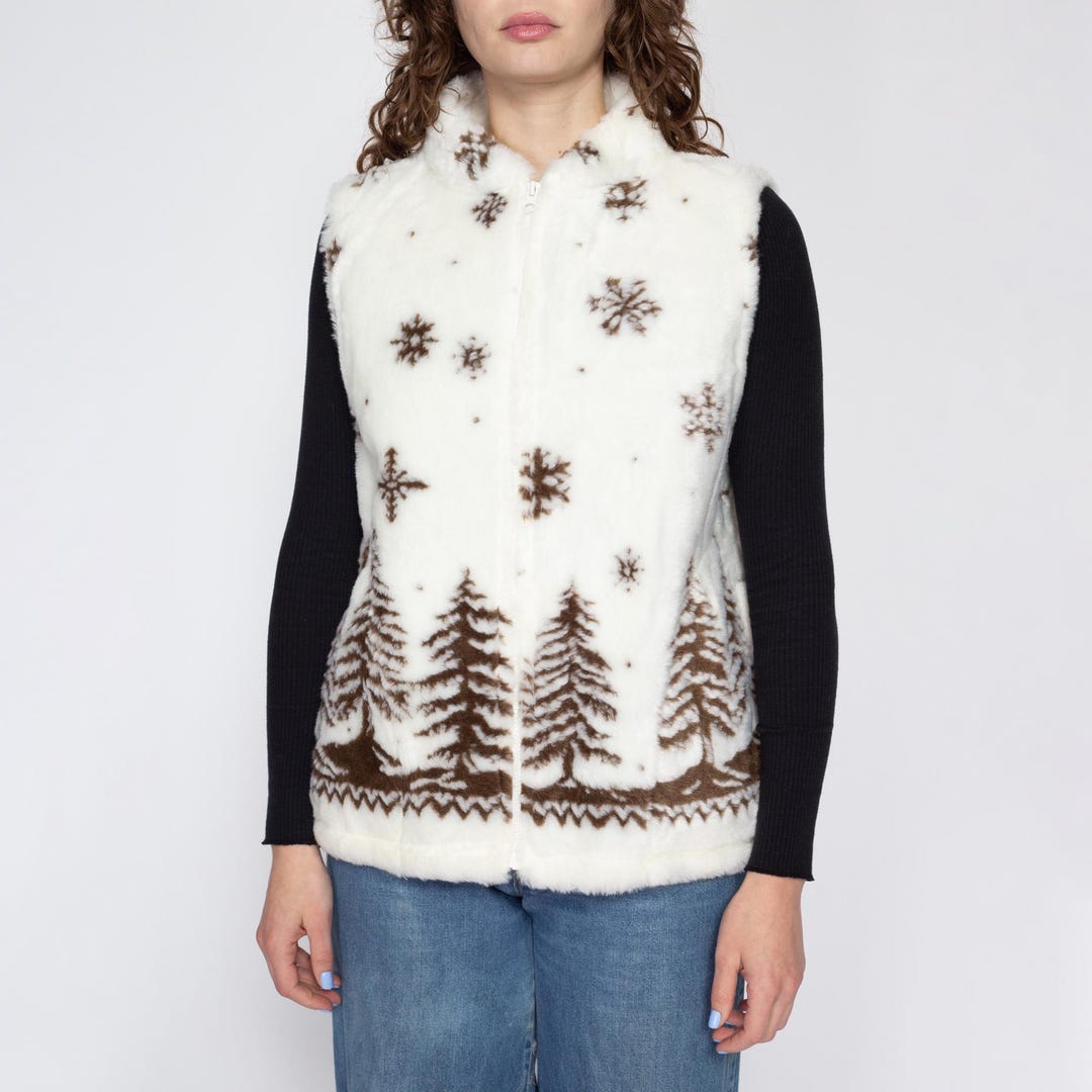 XL 90s Fleece Snowflake Vest | Vintage Zip up Sleeveless Winter Snow ...