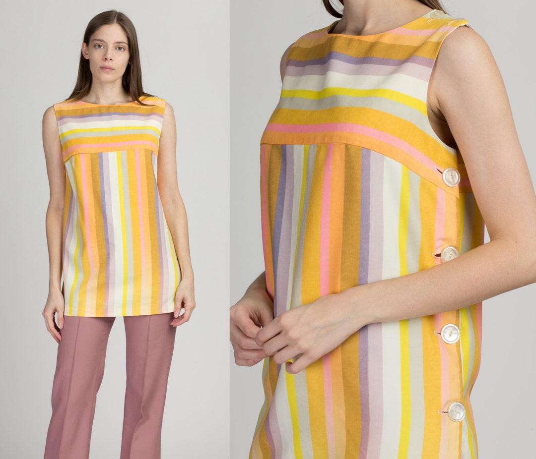 60s Striped Side Button Tank Top Small Vintage Mod Boho Sleeveless ...