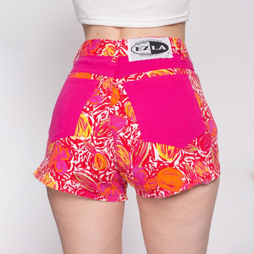 90s Hot Pink Floral Shorts XS to Small | Vintage High Waisted Cotton ...