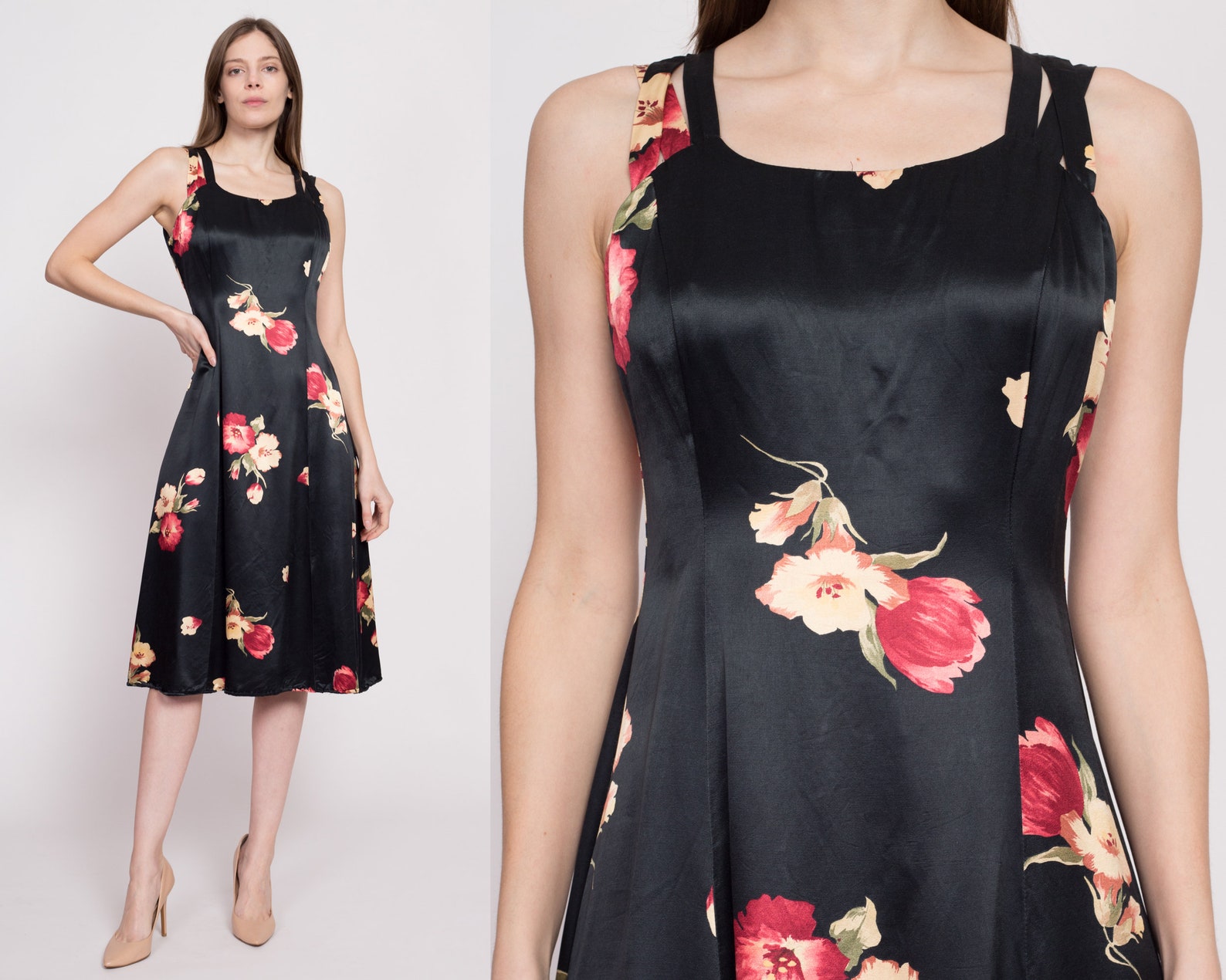 80s Black Floral Satin Midi Dress - Medium | Vintage A Line Boho Formal ...