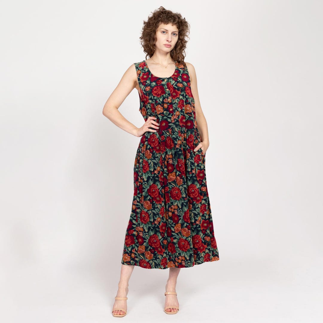Medium 80s 8-bit Floral Corduroy Pinafore Dress Vintage Eddie Bauer ...
