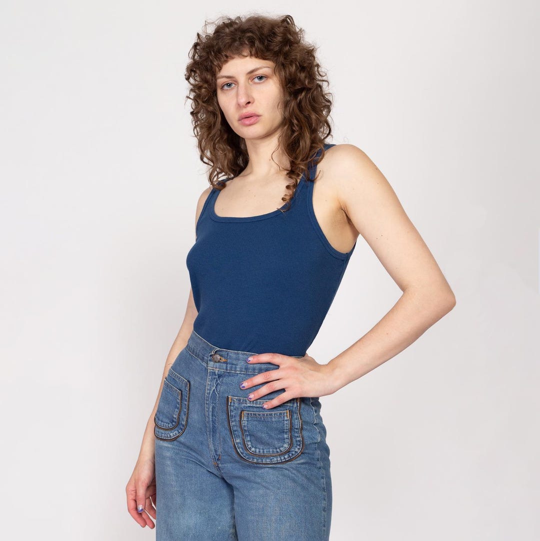 Large 90s Slate Blue Cropped Tank Top | Vintage Retro Plain Ribbed ...