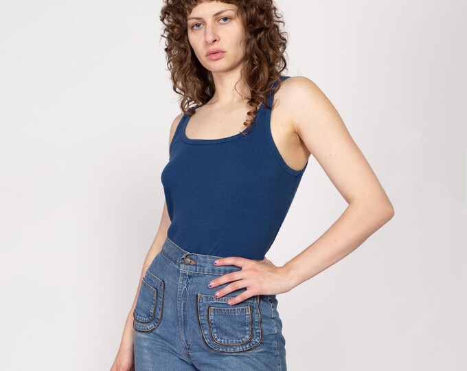 Large 90s Slate Blue Cropped Tank Top | Vintage Retro Plain Ribbed ...