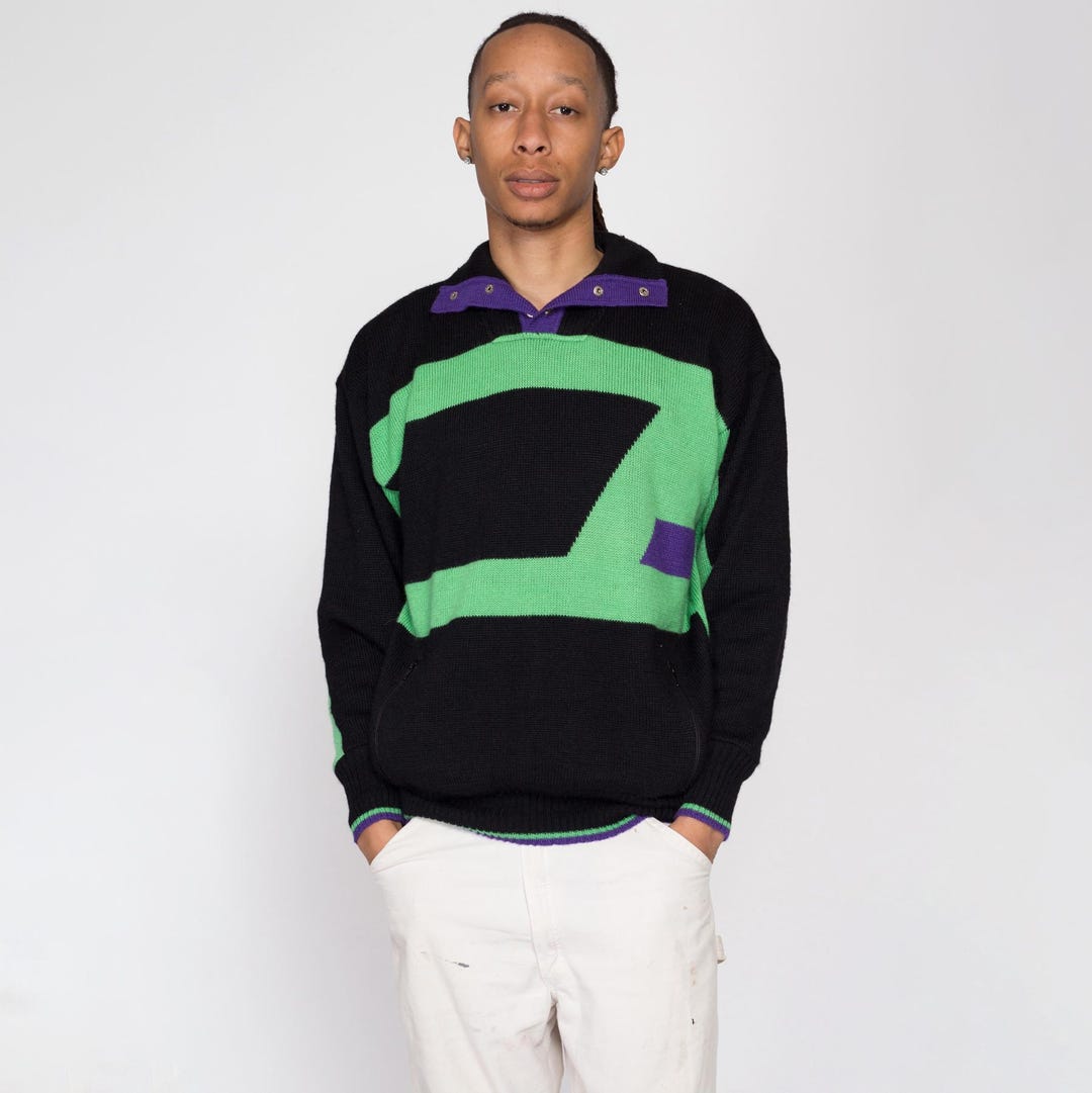 Medium 80s Black & Green Color Block White Stag Ski Sweater | Vintage ...