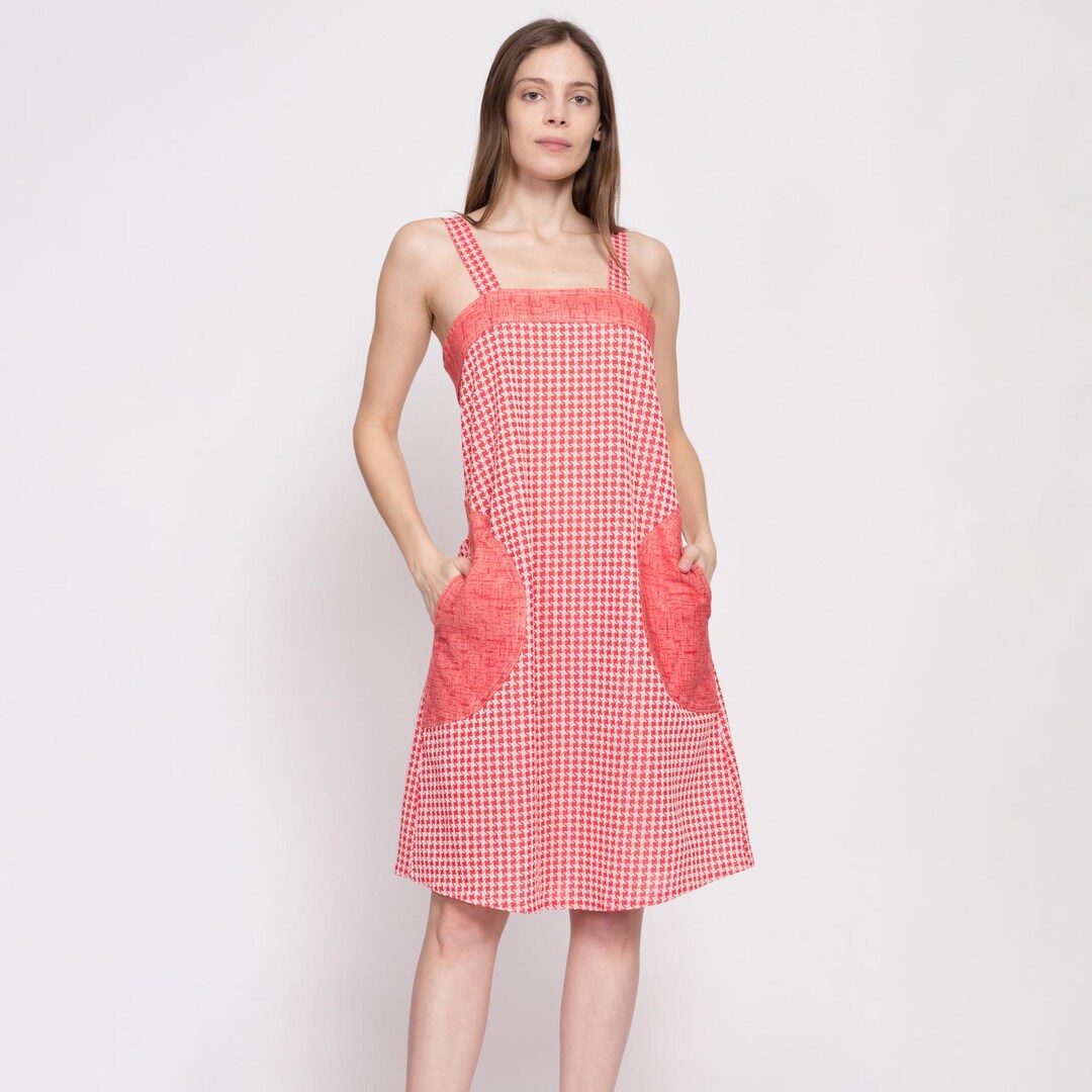 Small 70s Pinwheel Print Pinafore Dress | Vintage Boho Red Apron Pocket ...