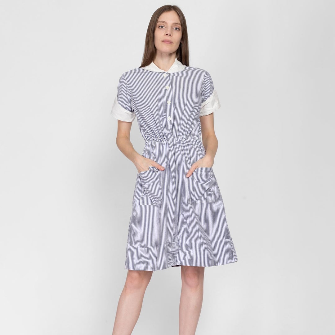 Medium 1940s Nurse Uniform Blue & White Striped Dress | Vintage 40s ...