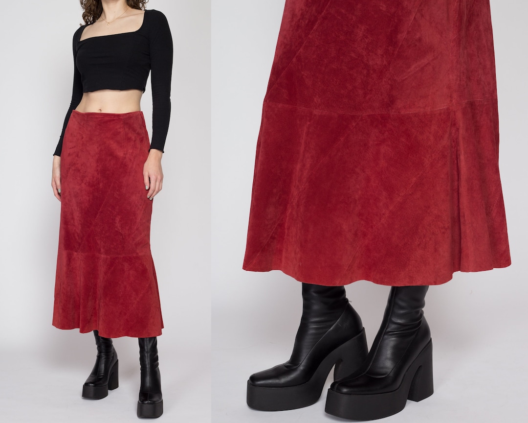 Medium 90s Boho Raspberry Red Suede Midi Skirt Vintage High Waisted A ...