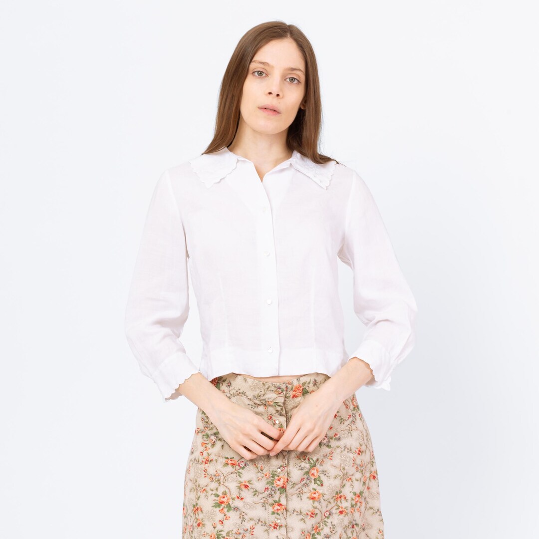 Vintage 60s White Irish Linen Scalloped Trim Blouse - Small | Boho ...