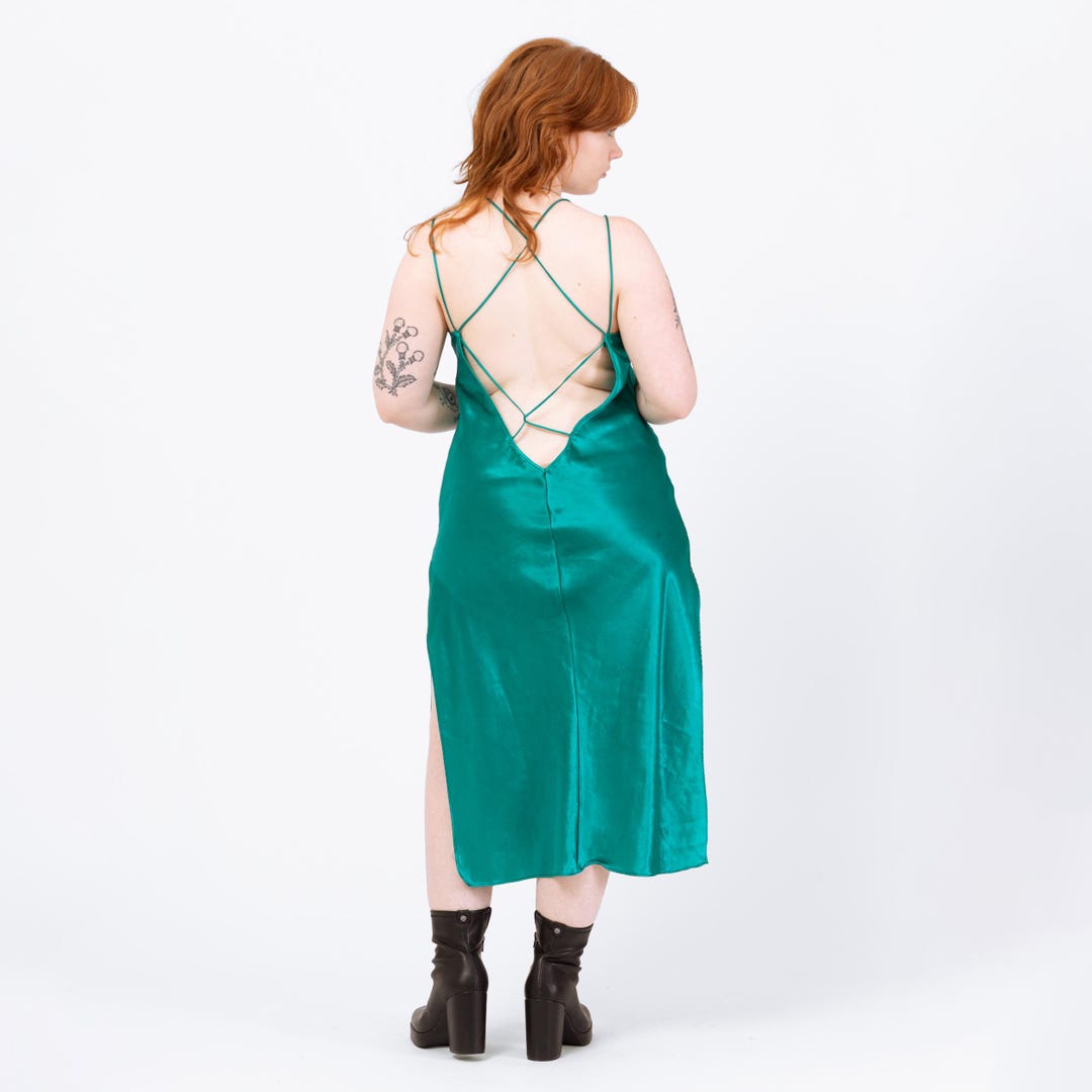 Vintage 80s Teal Satin Slip Dress - Medium | Low Back Lingerie Midi ...