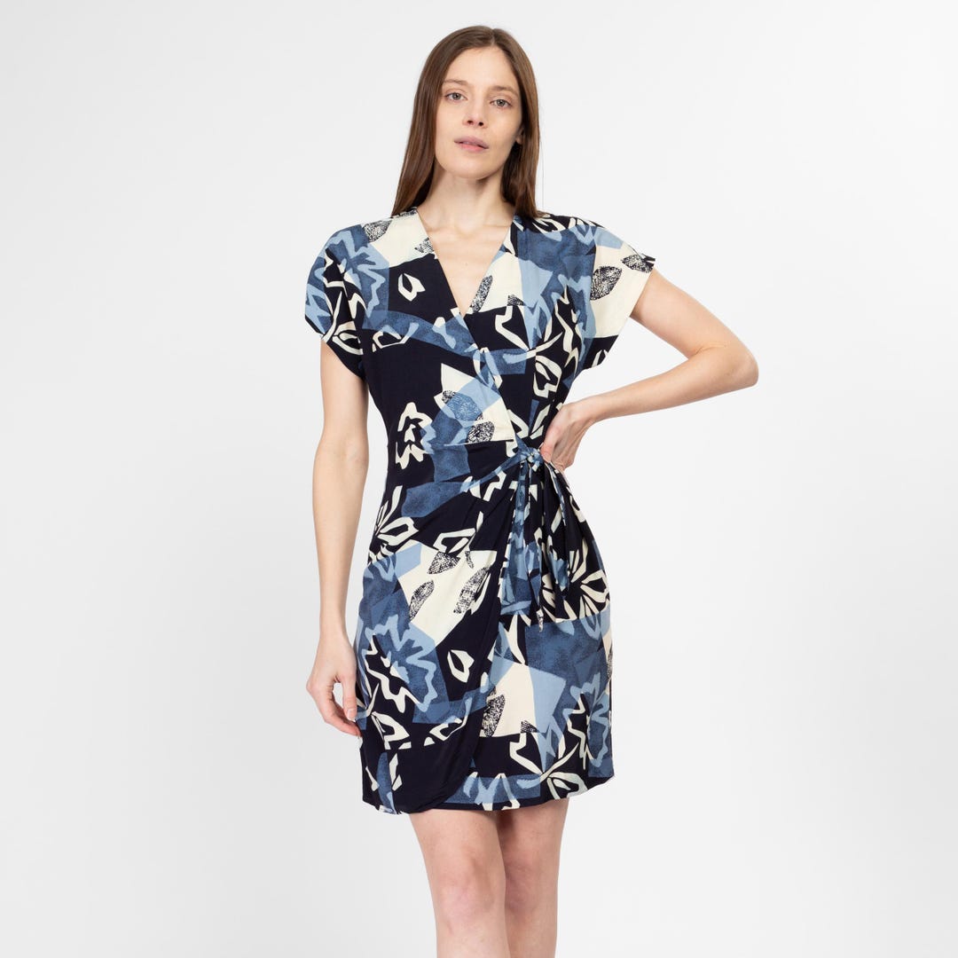 Xs-sm 80s Blue Tropical Floral Mini Wrap Dress | Vintage Boho Fitted ...