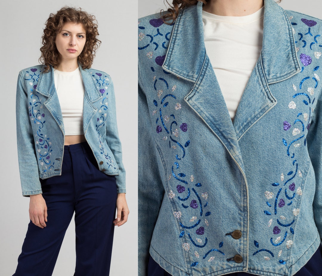 Small Vintage Puff Paint Cropped Denim Blazer | 80s 90s Embellished ...