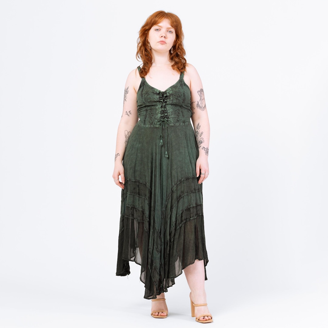 Vintage 90s Boho Forest Green Fairy Maxi Dress - One Size ...