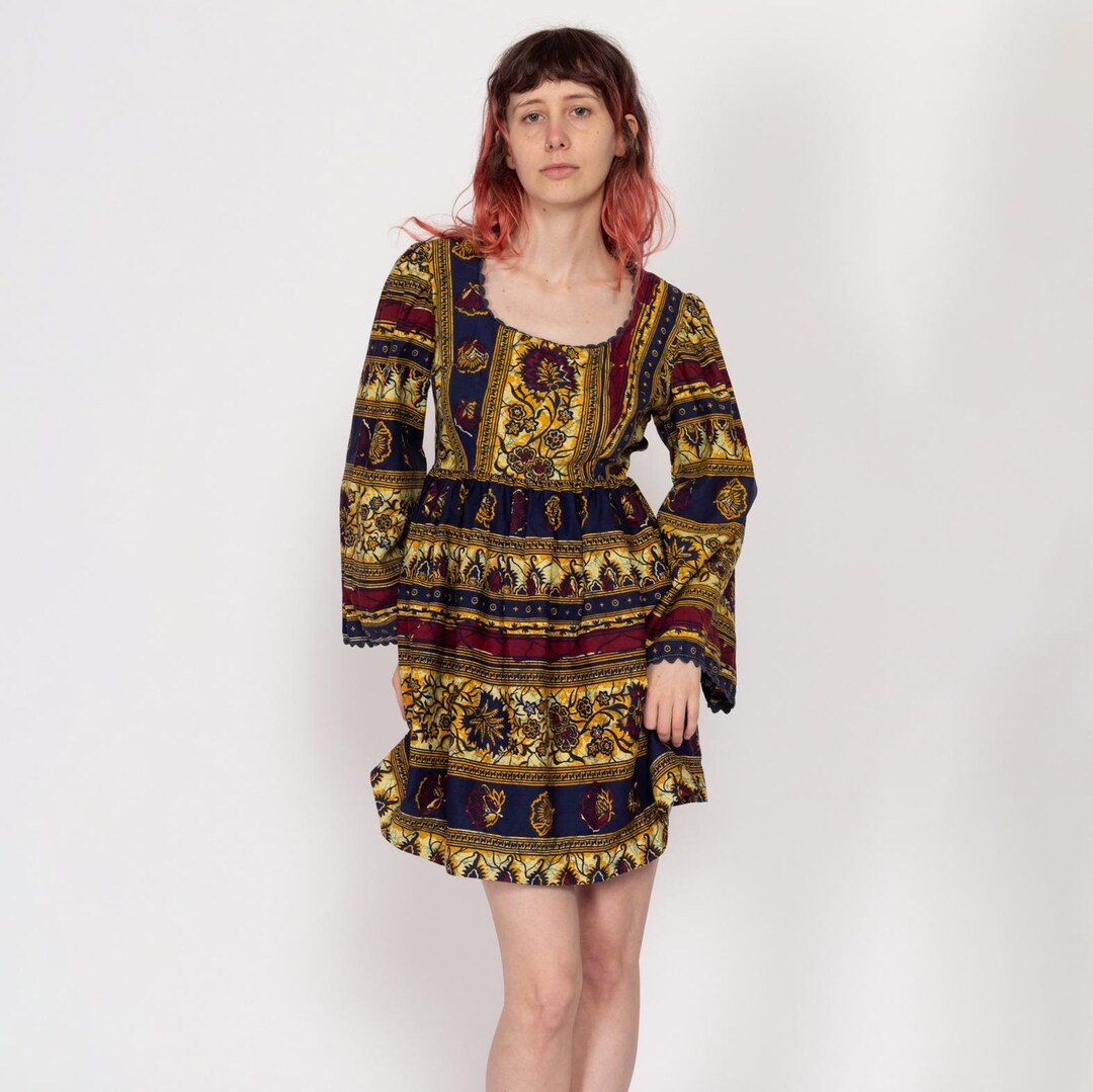 XS 60s Boho Batik Bell Sleeve Mini Dress | Vintage Ric Rac Trim Floral ...