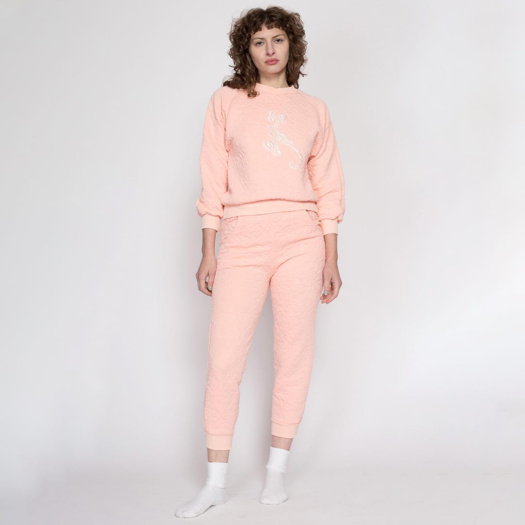 80s Pastel Peach Quilted Pajama Set - Petite Medium | Vintage Two Piece ...