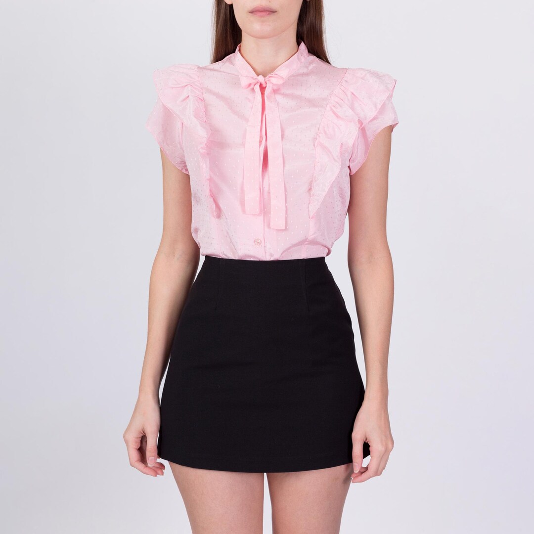 Small Vintage Pink Satin Ruffle Blouse | 80s 90s Retro Ascot Tie Girly ...