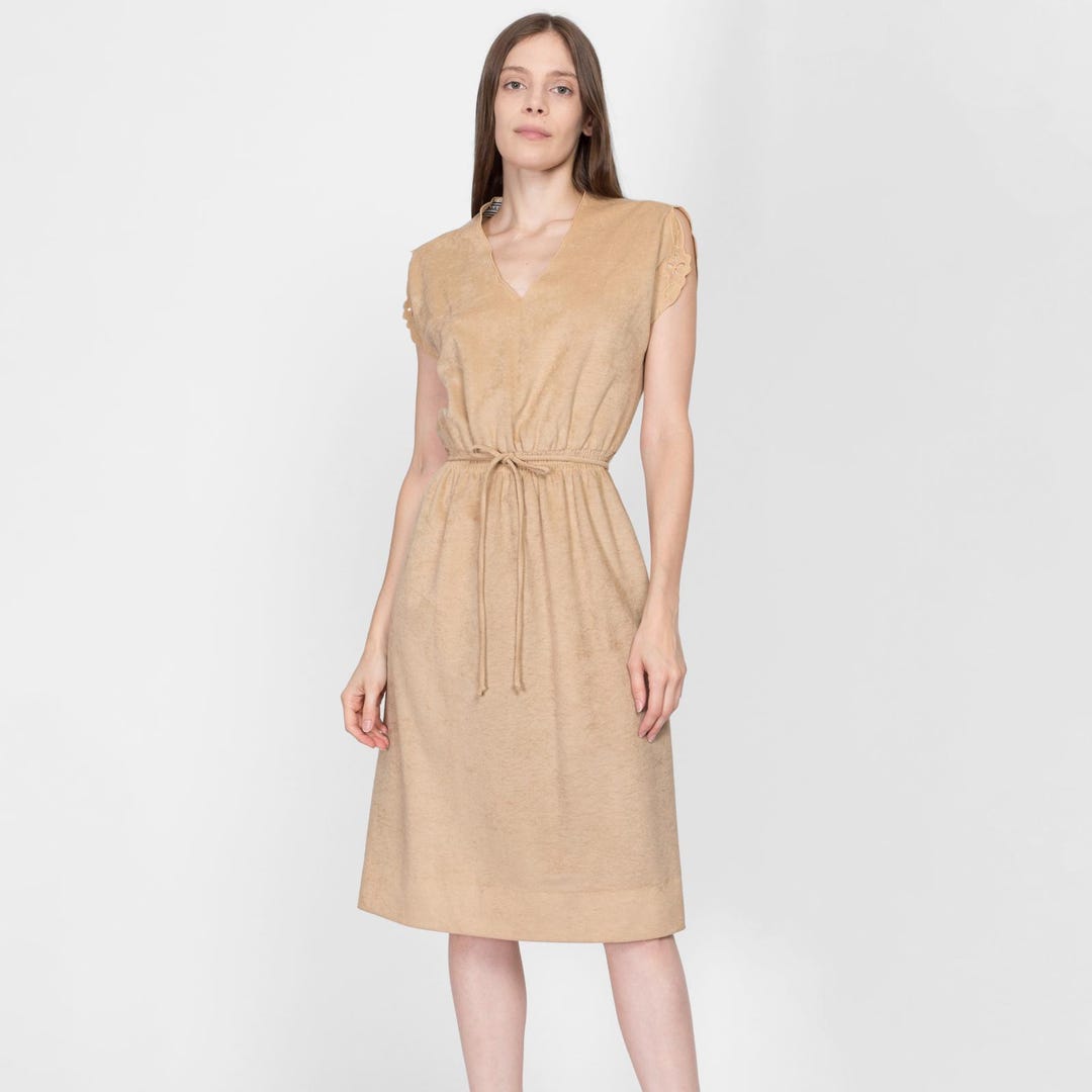 70s Tan Ultrasuede Midi Dress - Small | Vintage Cut Out Cap Sleeve ...