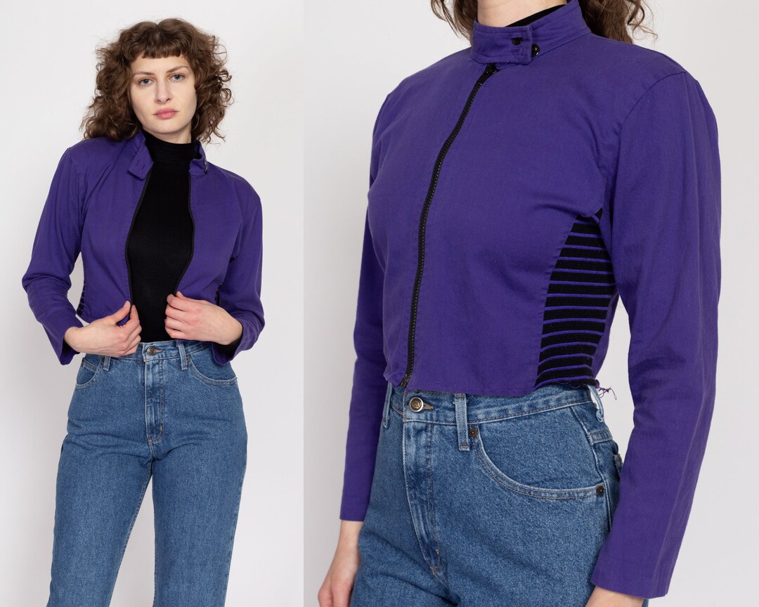 Small 80s Purple Cafe Racer Jacket Crop Top Vintage Long Sleeve Striped ...