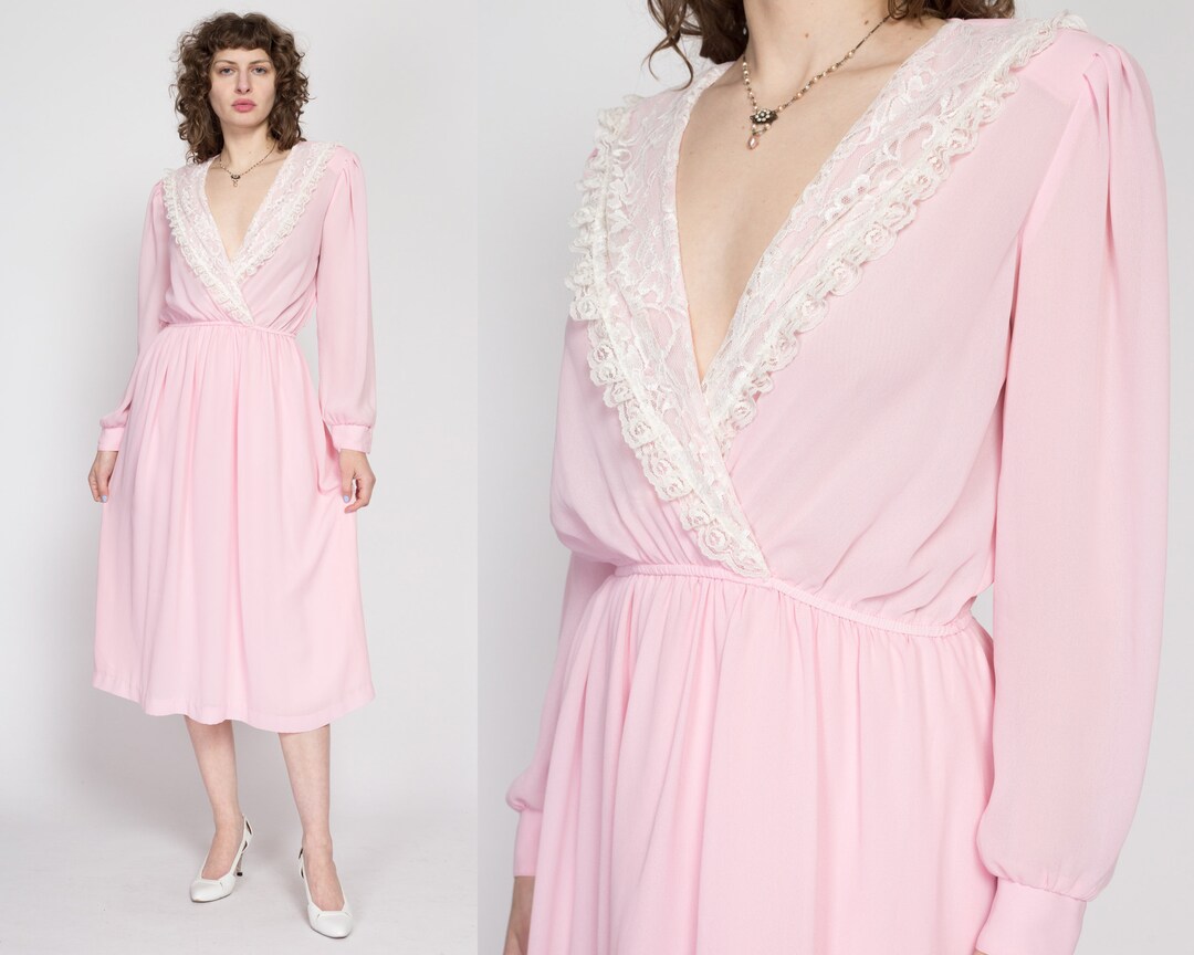 Medium 70s Baby Pink Lace Collar Midi Dress Vintage Long Sleeve Deep V Neck Retro Secretary Wrap ...