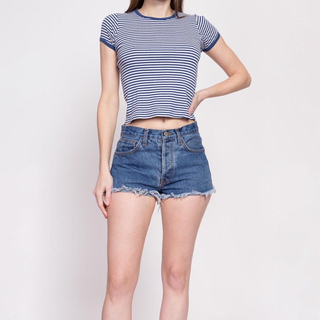 Small Retro Cut off Cheeky Jean Shorts | High Waisted Dark Wash Denim ...