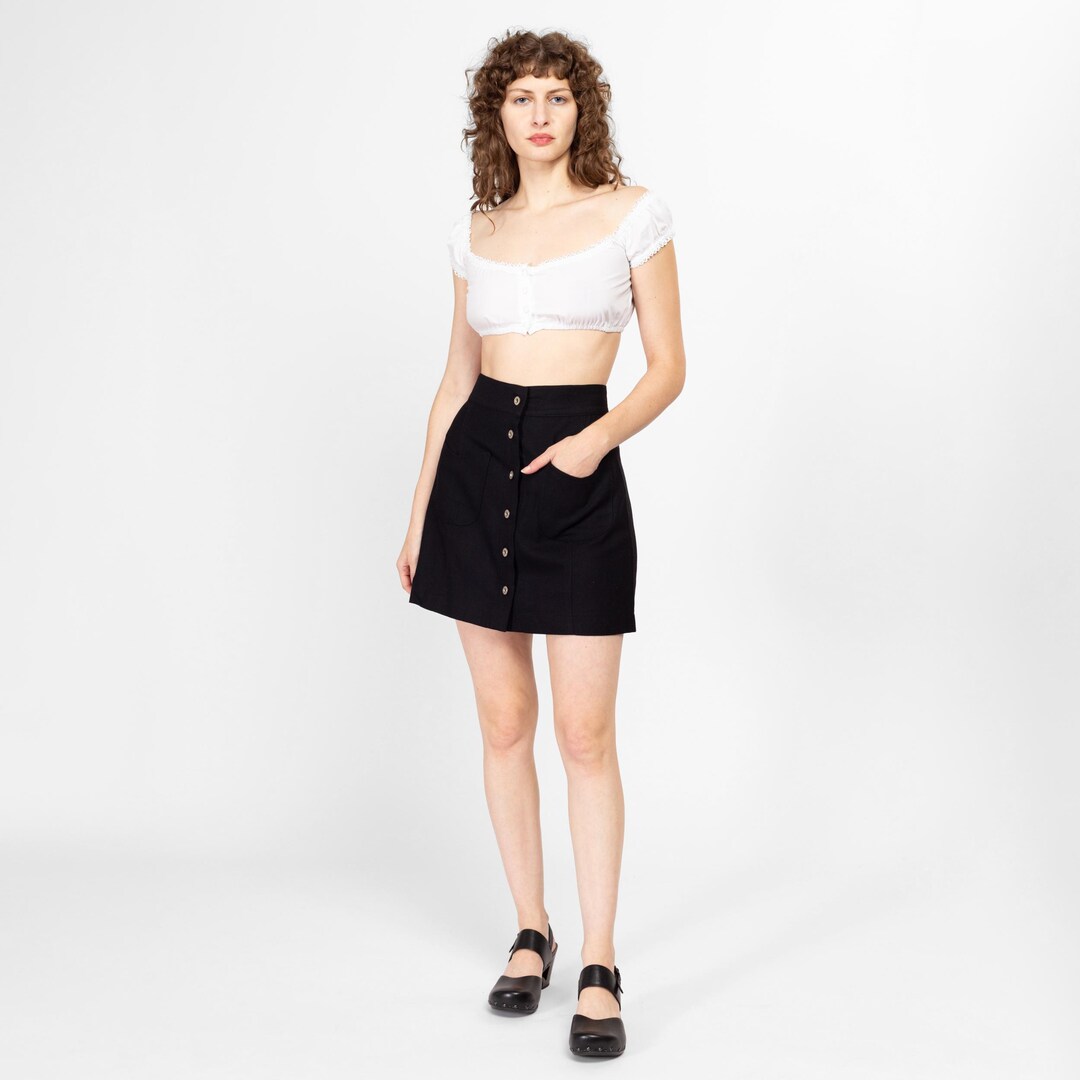 Y2K Mod Black Wool Mini Skirt - Medium to Large | Vintage Button Front ...