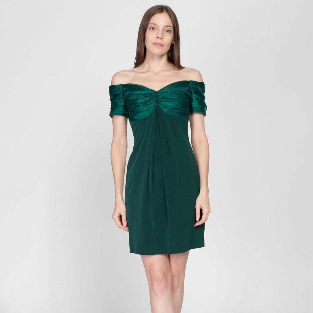 XS 90s Emerald Green Off-shoulder Party Dress | Vintage Janell Berté ...