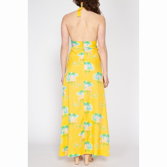 Medium 70s Yellow Flamingo & Palm Tree Print Halter M… - Gem