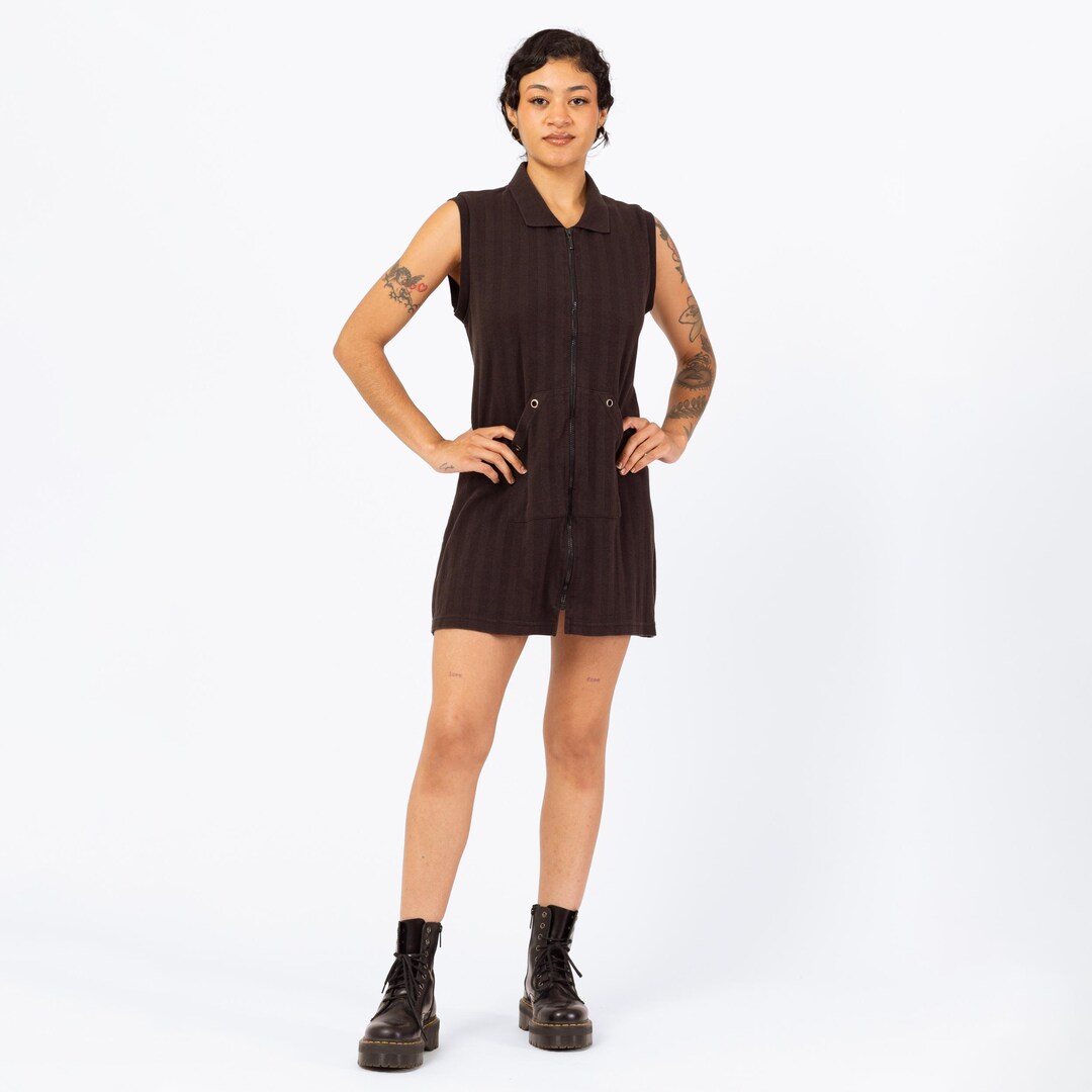 Vintage 90s Black Zip Front Cover up Mini Dress - Medium | Striped ...