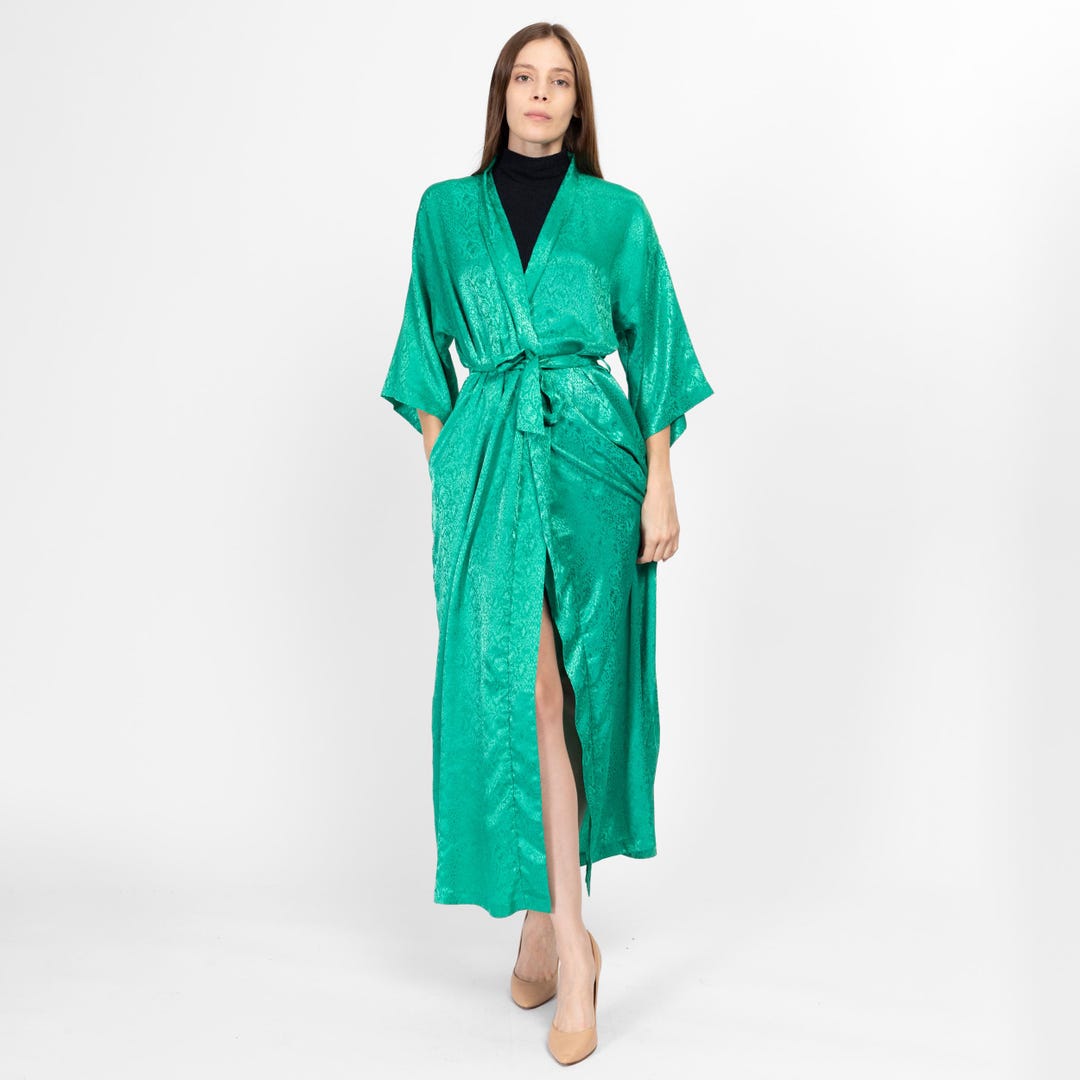 Large 80s Jade Green Snakeskin Jacquard Satin Robe Vintage Boho ...