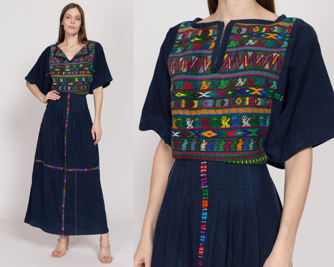 Sm-med 70s Guatemalan Huipil Indigo Blue Woven Maxi Folk Dress ...