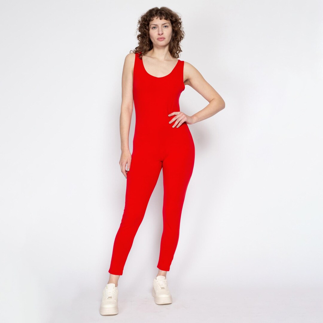 90s Plain Red Fitted Unitard - Extra Large | Vintage Sporty Stretch ...