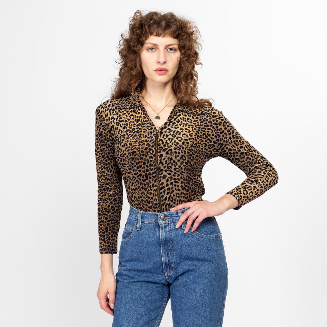 Sm-med 80s Slinky Animal Print Zip up Top Vintage Burnout Collared Long ...