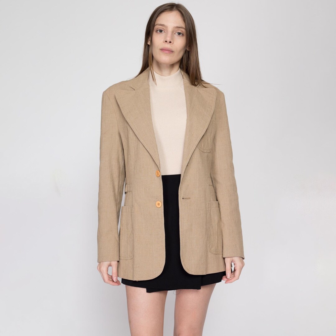 70s Tan Linen Blazer - Large | Vintage Khaki Button up Lightweight ...